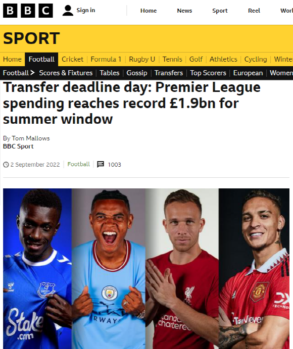 英BBC, “EPL, 이번 여름 이적 시장에만 이적료 2조 9,804억원 지출”